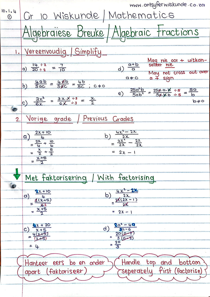 Gr 10 Algebraïese Breuke / Algebraic Fractions – Ontsyfer Wiskunde