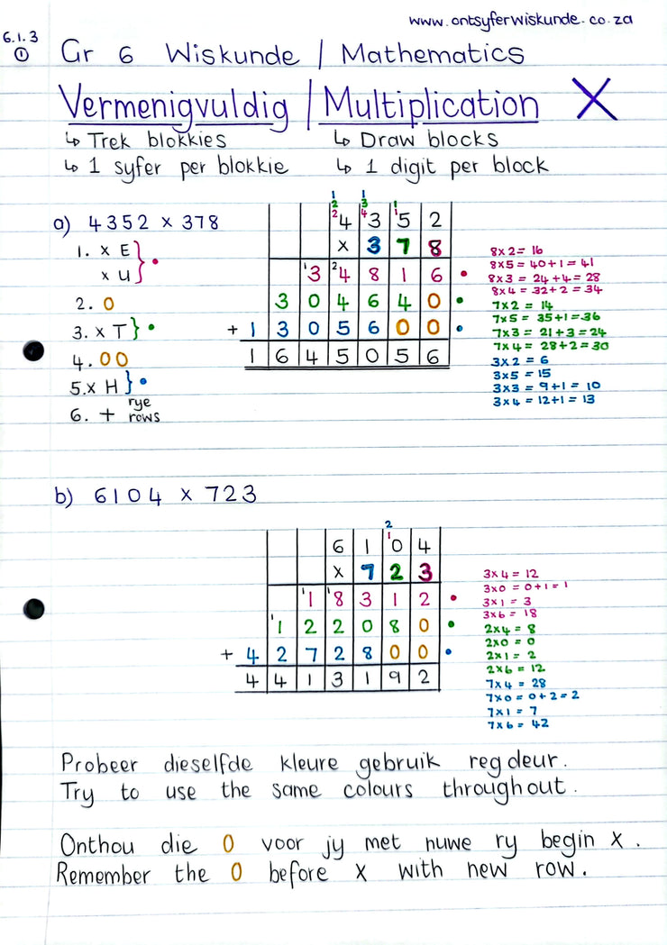Gr 6 Lang Maal / Long Multiplication – Ontsyfer Wiskunde